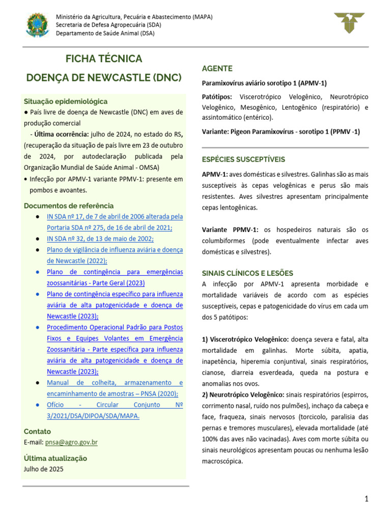 Ficha Técnica da Doença de Newcastle | PDF | Gripe | Especialidades médicas