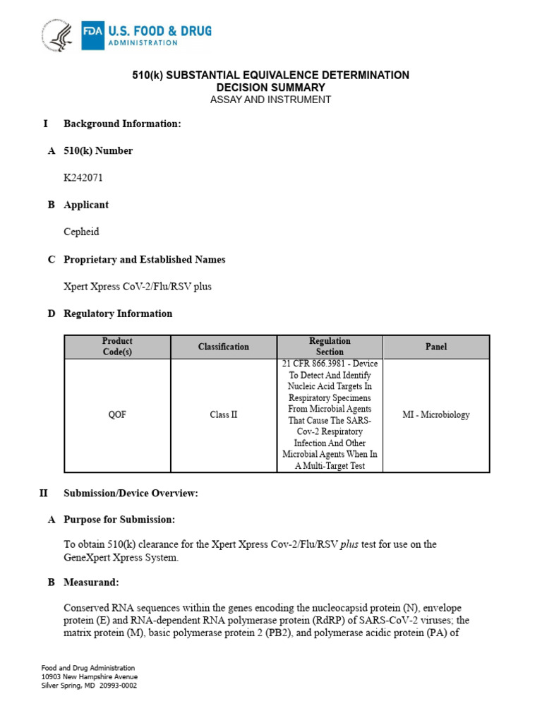 510 (K) Substantial Equivalence Determination Decision Summary | PDF ...