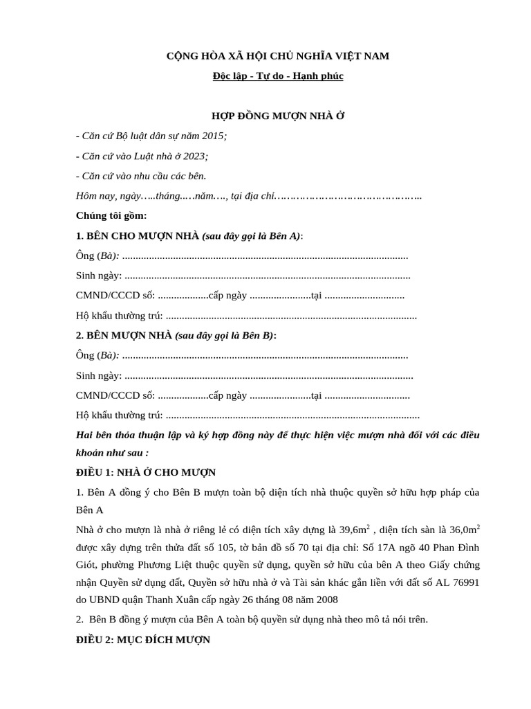 Hop Dong Muon Nha VH | PDF