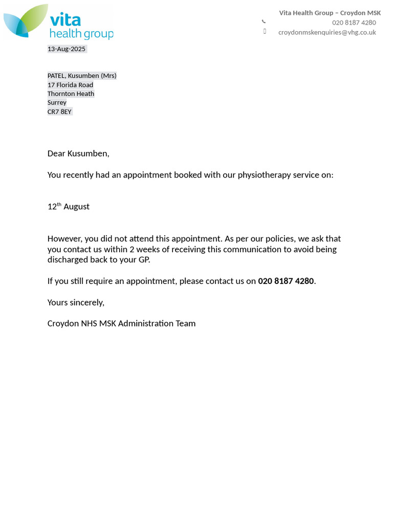 Discharge Letter Given To Patient PATEL, Kusumben (MRS) 0936 13-Aug ...
