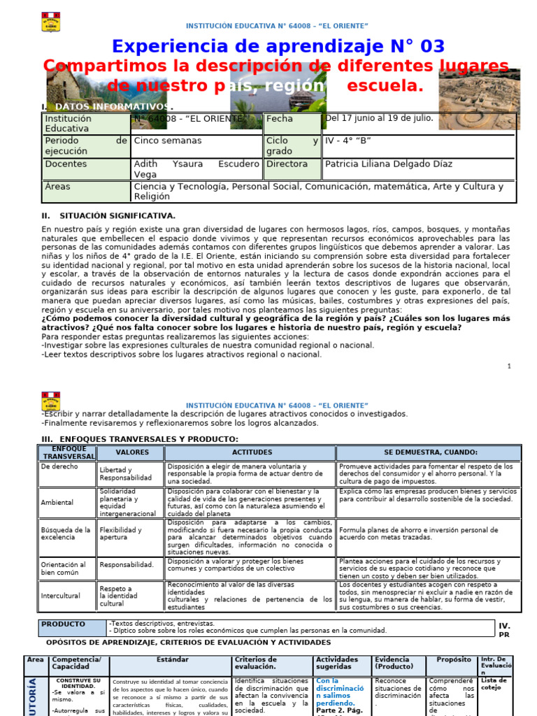 Ok 3 Experiencia De Aprendizaje 4 Grado 2024 Pdf Aprendizaje