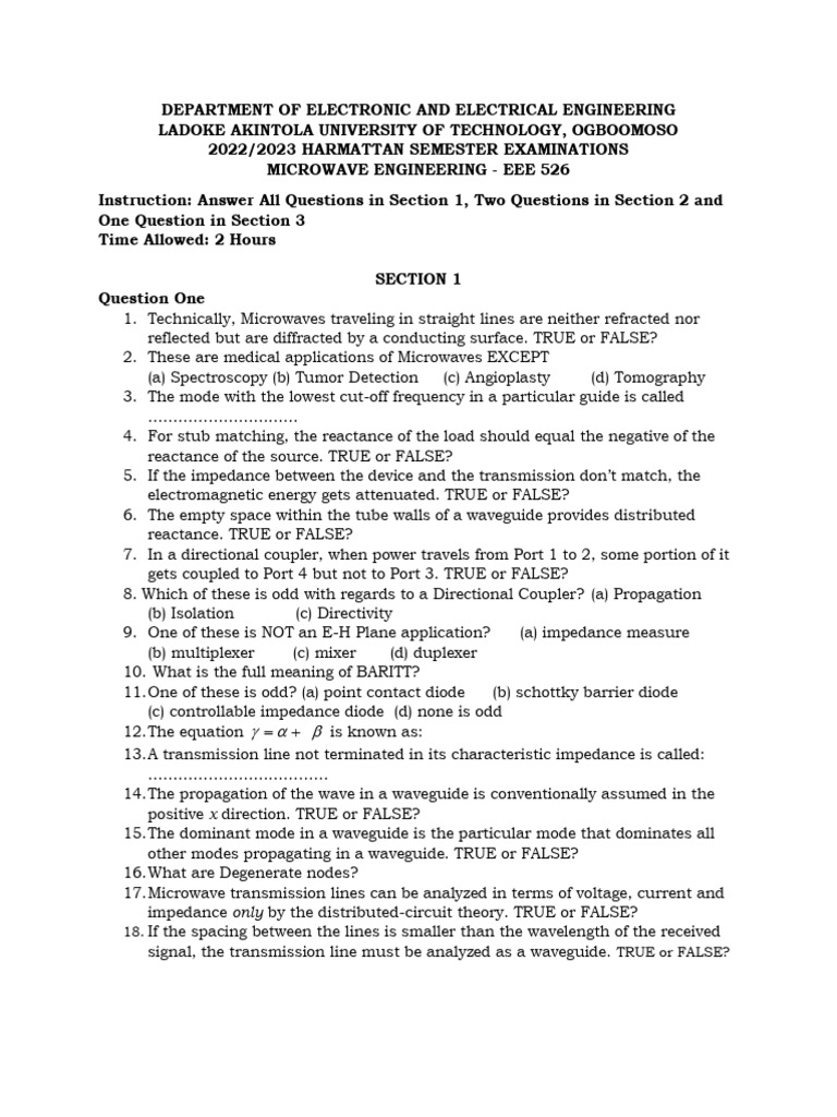Eee 526 Exam 22 - 23 | PDF | Transmission Line | Waveguide
