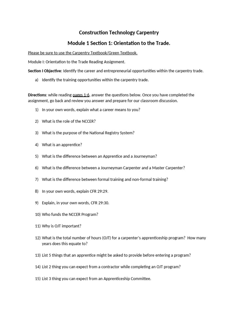 Module 1 Section 1 Orientation to the Trade Worksheet | PDF