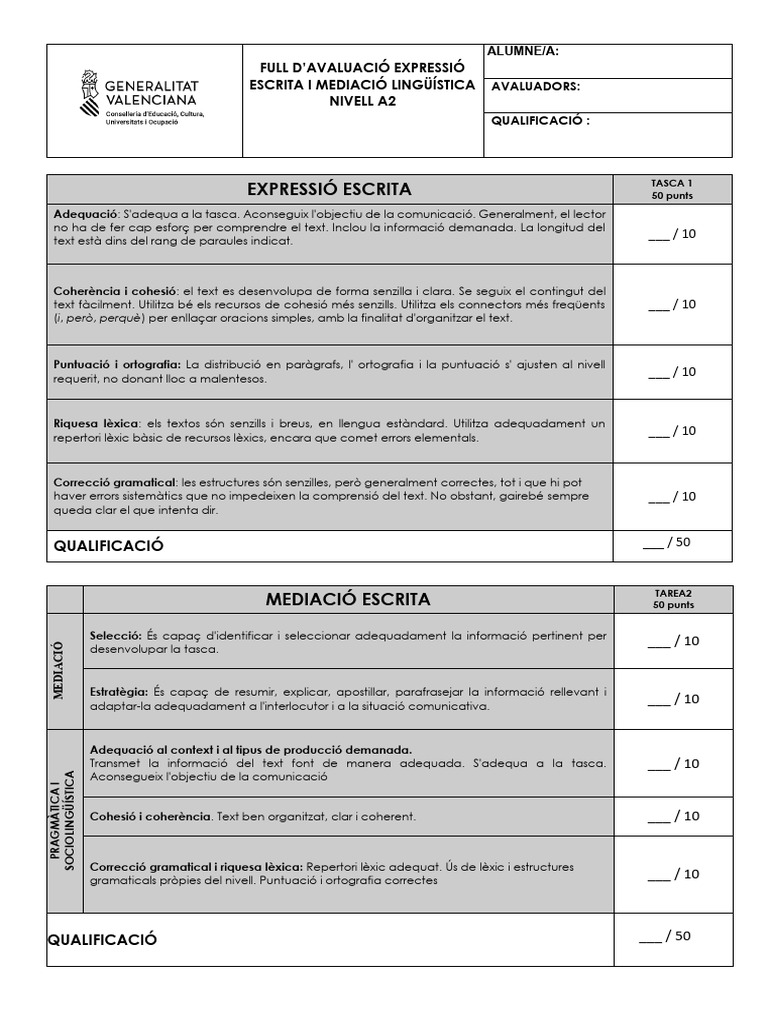 Avaluacio Expressio Escrita I Mediacio Escrita Val | PDF