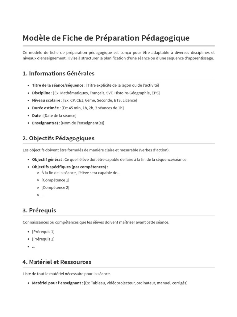 Modèle de Fiche de Préparation Pédagogique | PDF | Pédagogie ...