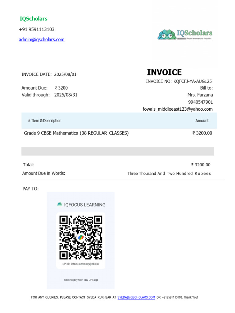 Invoice for Grade 9 CBSE Classes | PDF