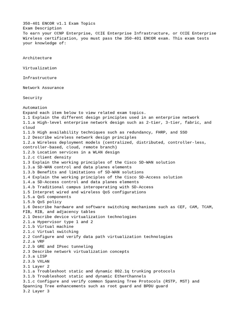 CCNP ENCOR 350-401 Exam Topics Overview | PDF | Computer Network | Data ...