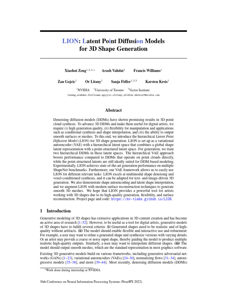 Lion L I On:: Atent Po NT Diffusi Models For 3D Shape Generation | PDF ...