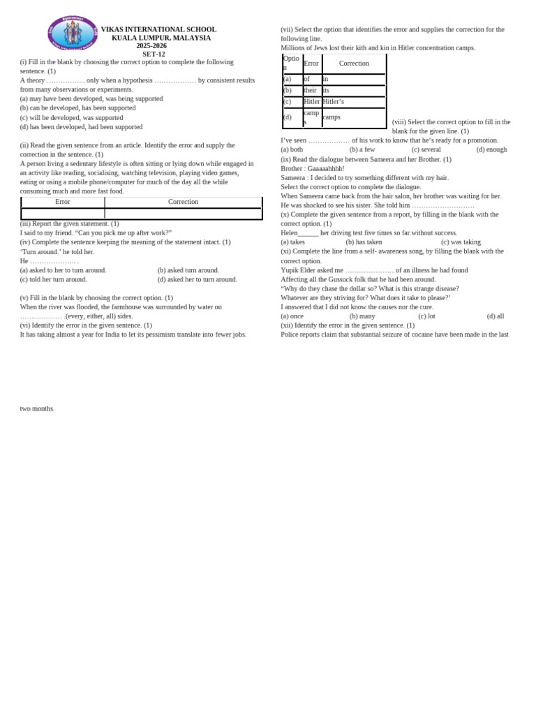 Sample Paper Grammar SET-12 | PDF