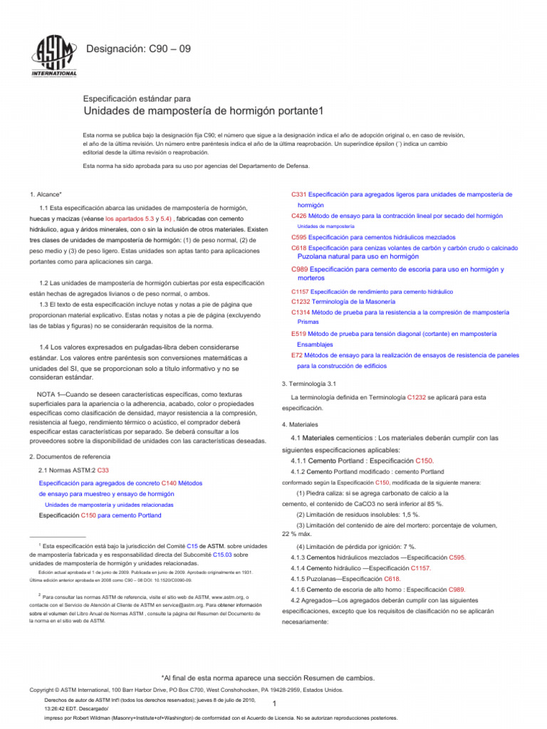 ASTM C90 09 Español | PDF | Hormigón | Cemento