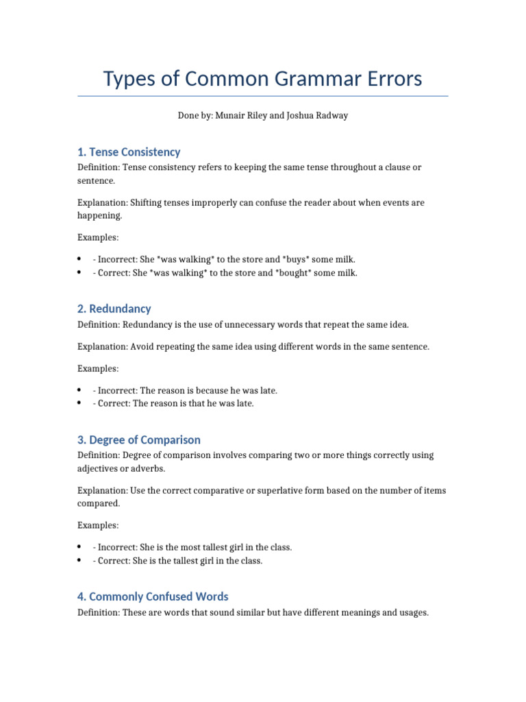 Common Grammar Errors Munair Riley Joshua Radway | PDF | Grammatical ...
