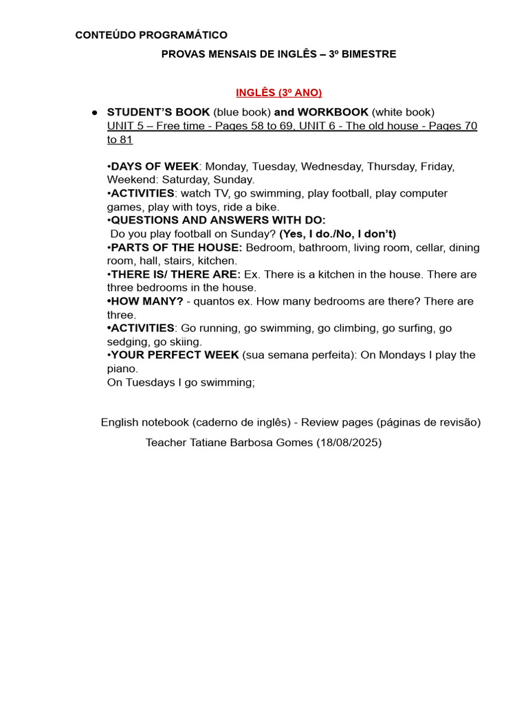 Conteúdo Pm3 - Inglês 3 Ano | PDF