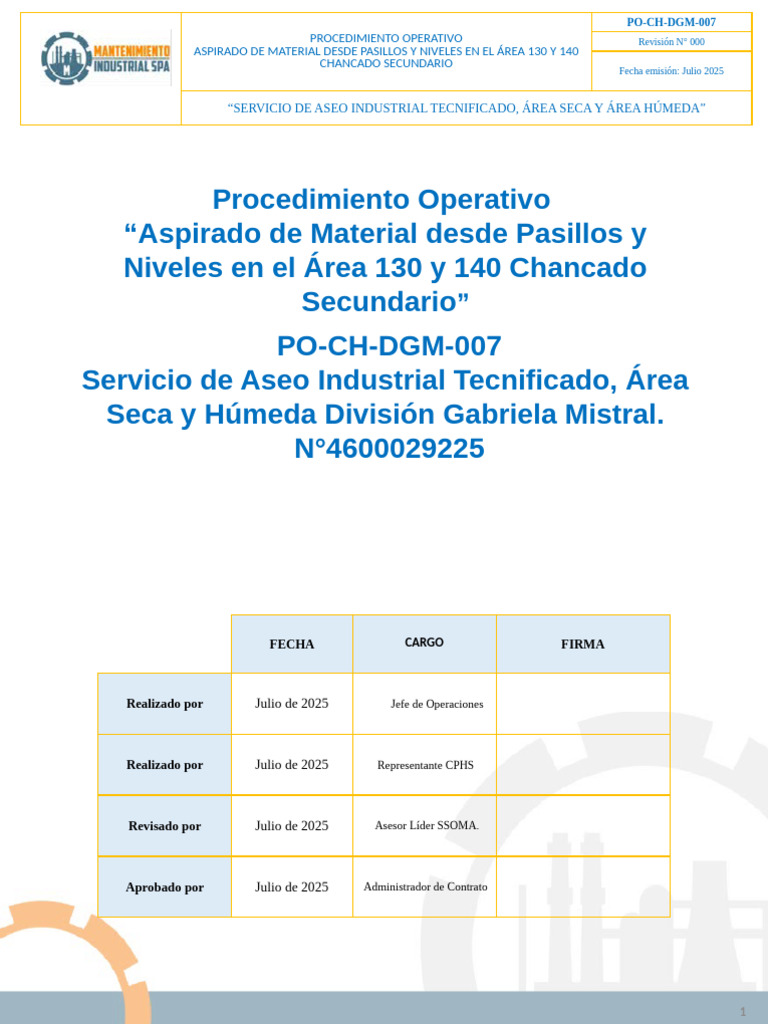 PO-CH-DGM-007 Aspirado de Pasillos y Niveles Area 130 y 140 Chancado Secundario | PDF ...