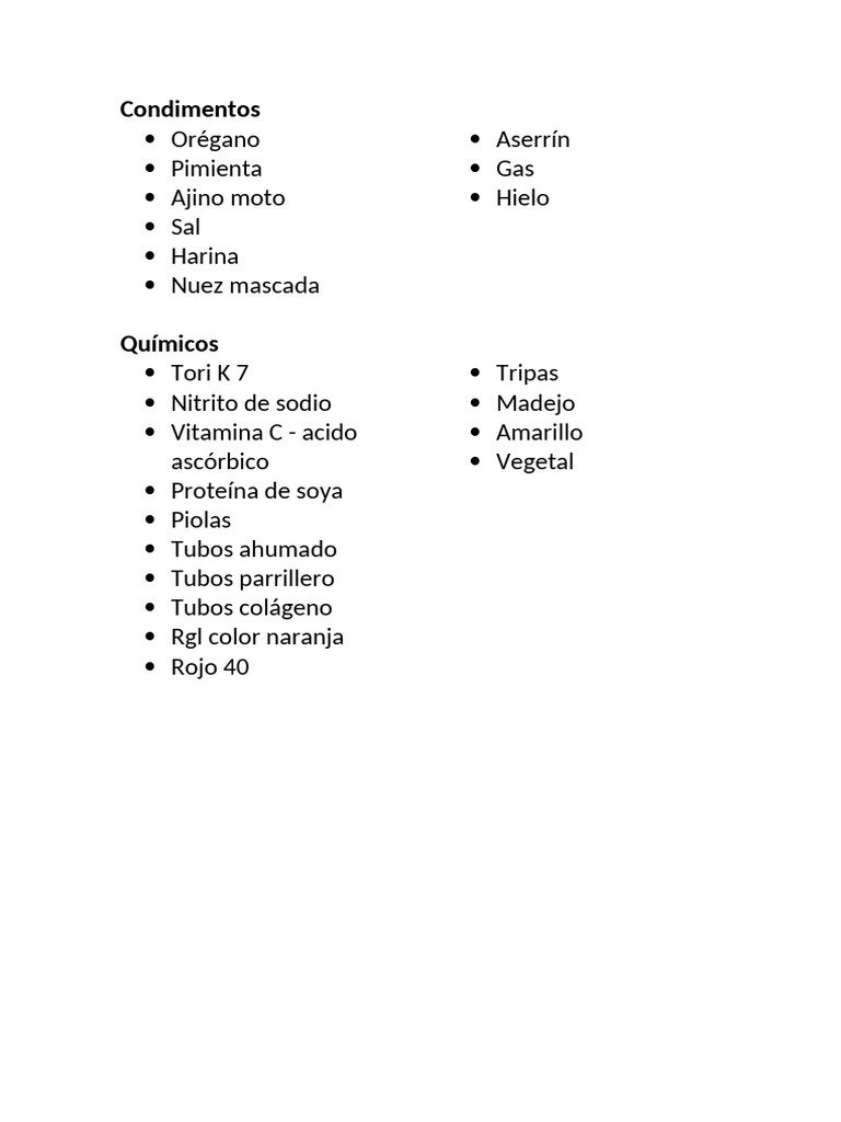 Lista de Condimentos y Químicos Alimentarios | PDF