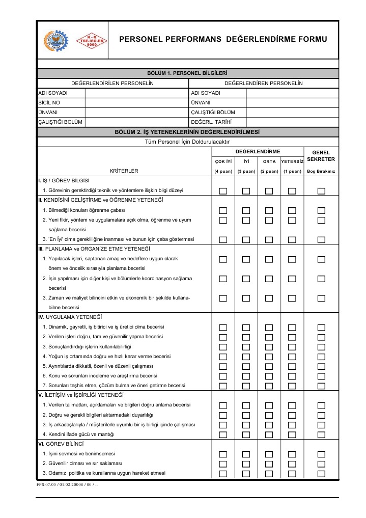 Personel Performans Değerlendi̇rme Form | PDF