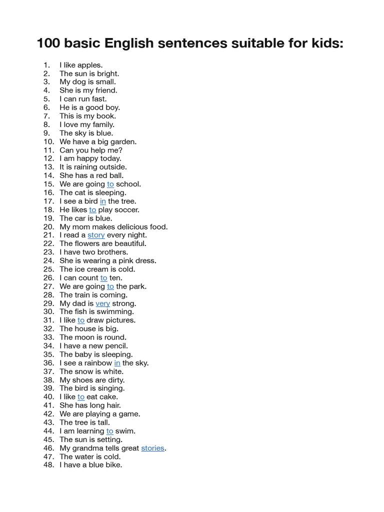100 Simple English Sentences for Kids | PDF