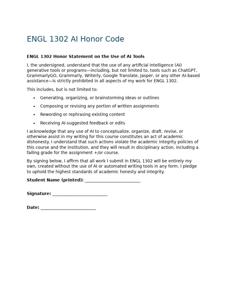 ENGL 1302 AI Use Honor Code | PDF