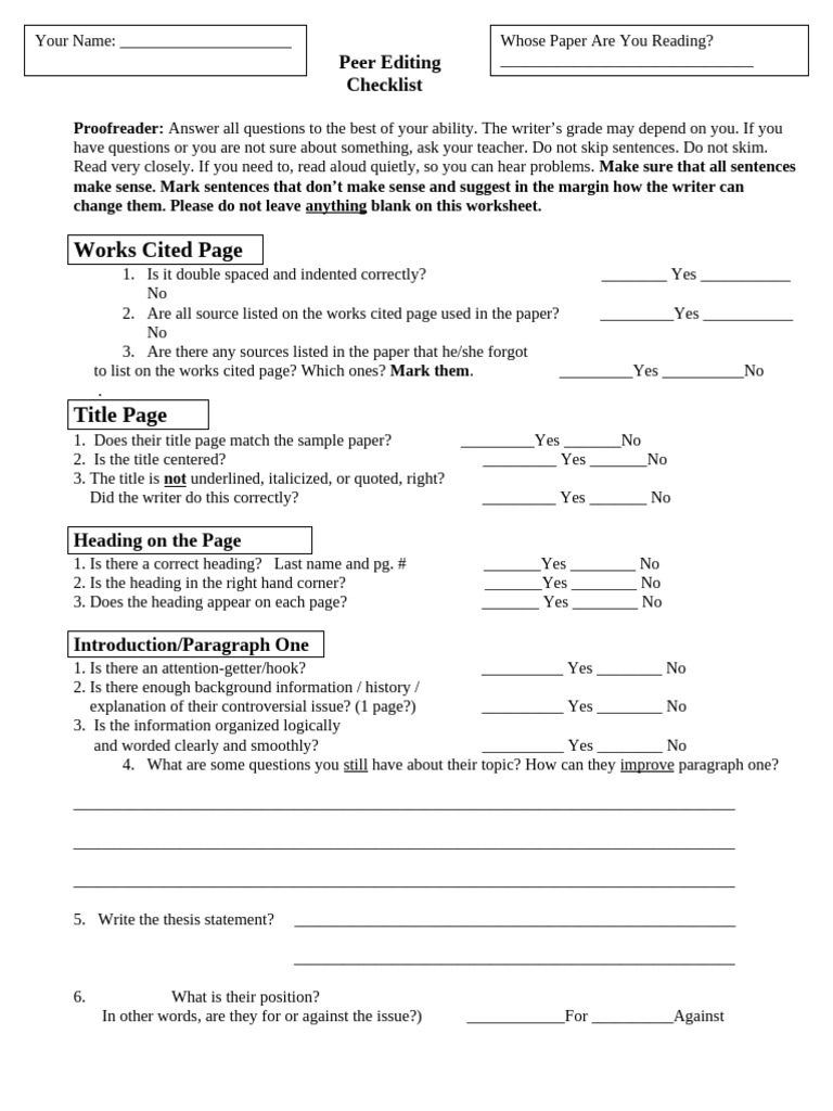 Peer Editing Checklist for Papers | PDF