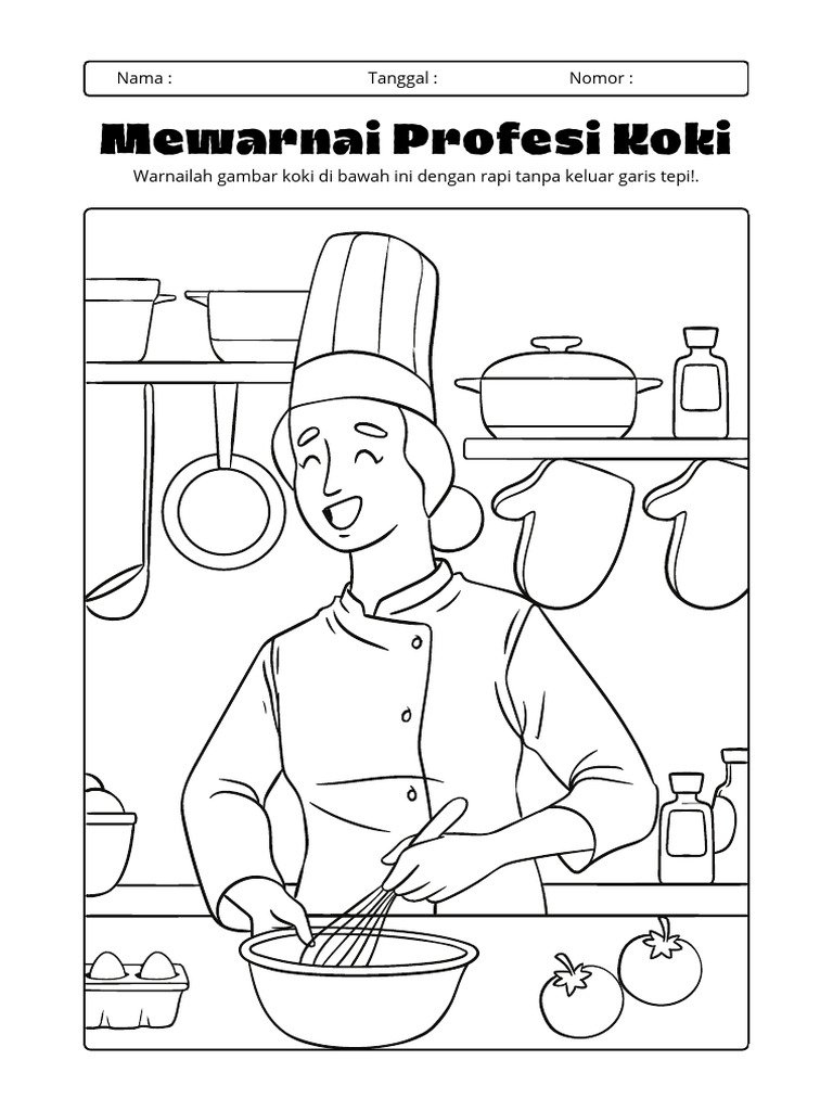 Mewarnai Profesi Koki Lembar Kerja Hitam Putih Ilustratif | PDF