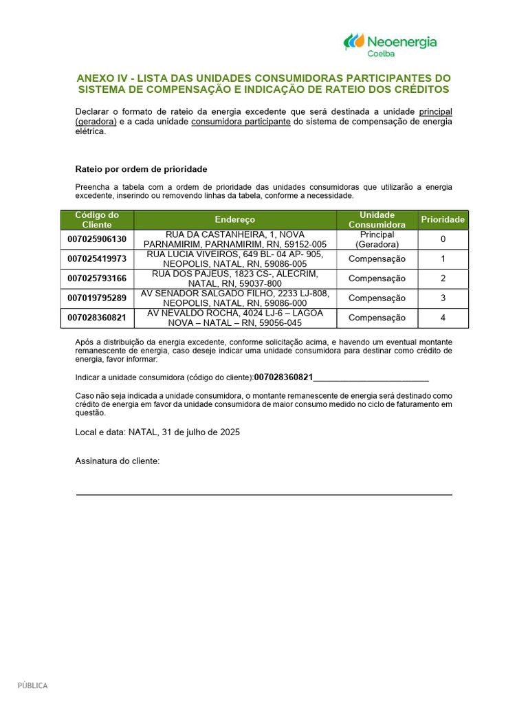 Lista de Unidades para Rateio de Energia | PDF