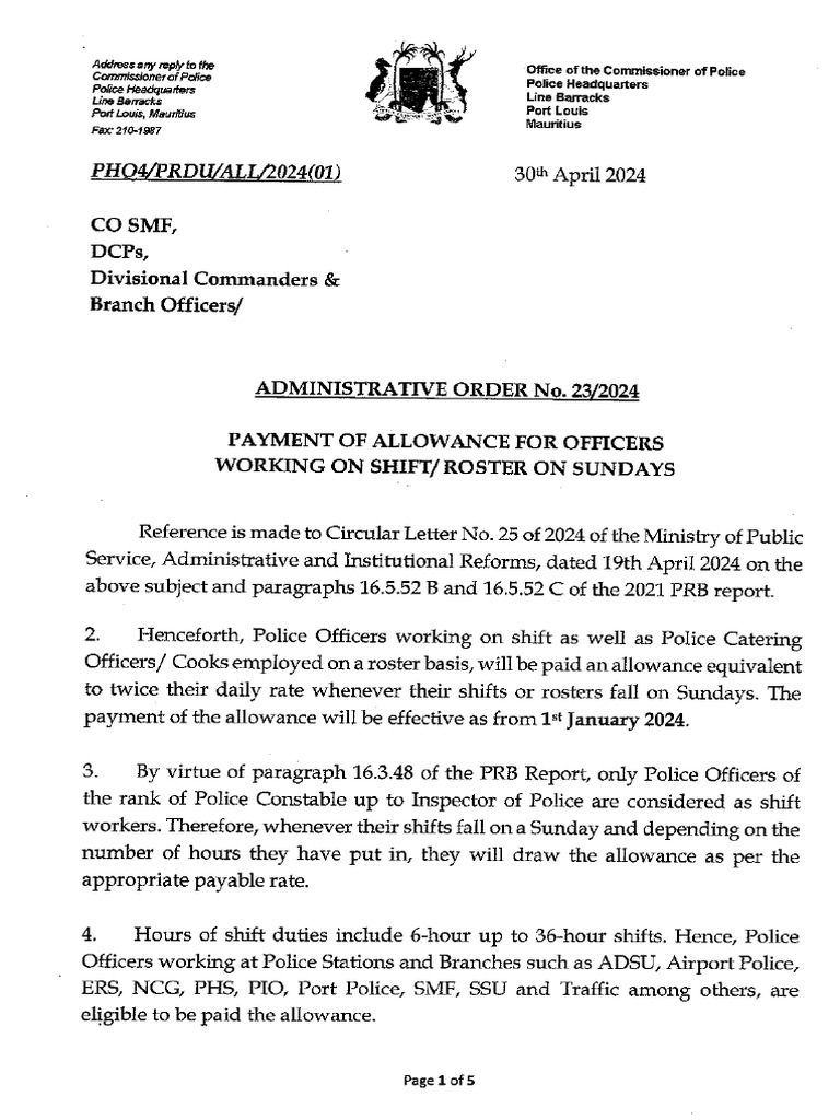 Administrative Orders Sno - 23-24 - Payment of Allowance For Officers ...