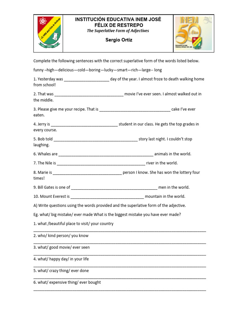 Superlative Adjectives Practice Worksheet | PDF