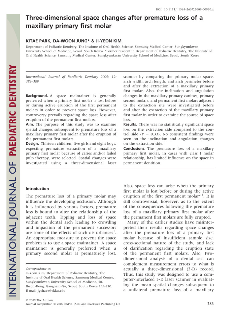Three-Dimensional Space Changes After Premature Loss of The Primary ...
