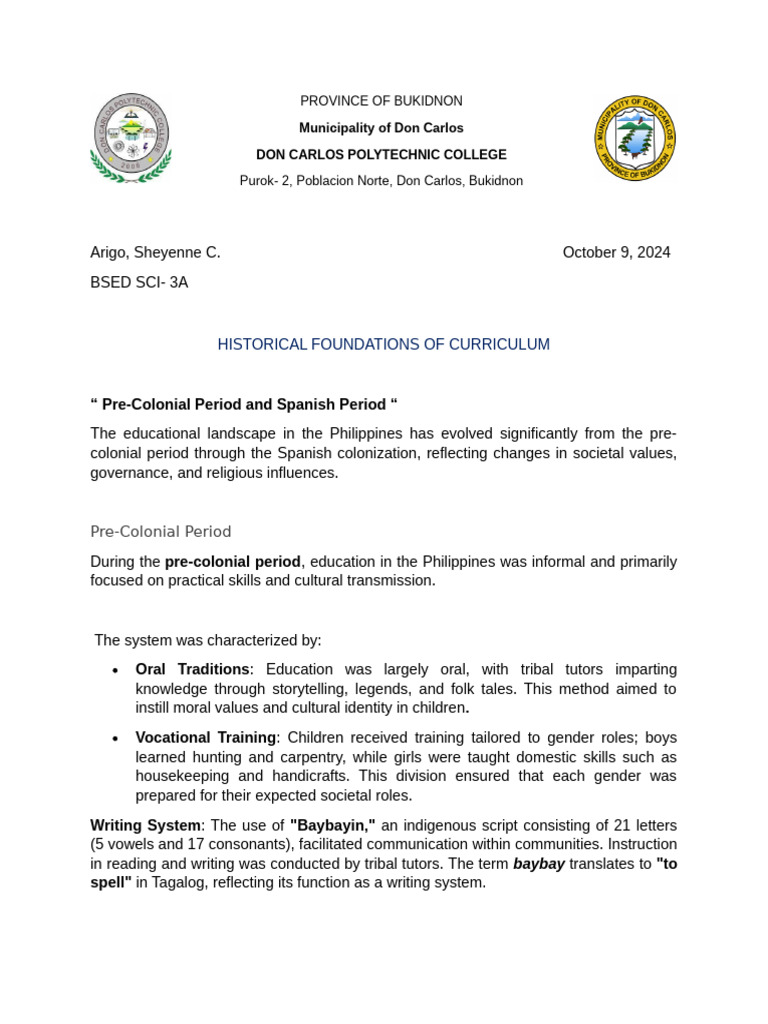 PRE-COLONIAL & SPANISH COLONIAL PERIOD (Soft Copy) | PDF | Schools ...