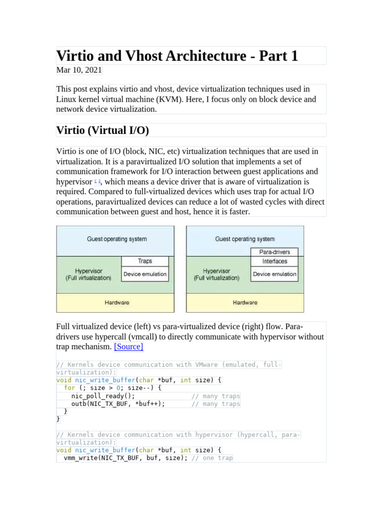 Virtio and Vhost Architecture | PDF | Virtualization | Computer ...