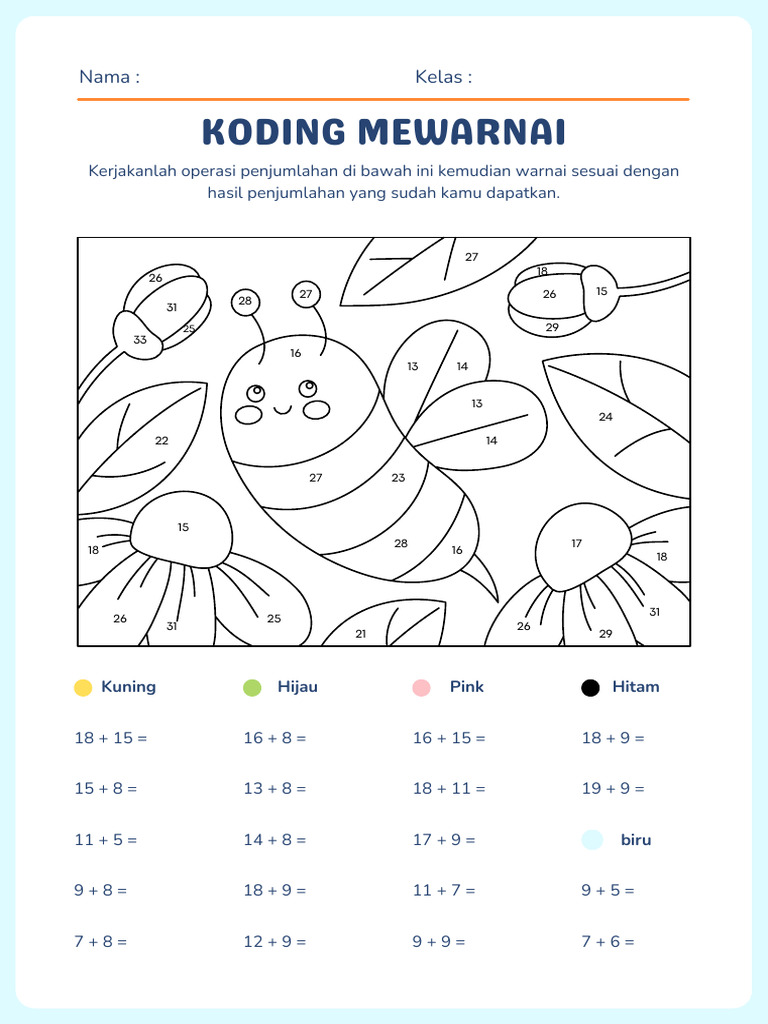 Koding Mewarnai Berdasarkan Penjumlahan Matematika Lembar Kerja Seni ...