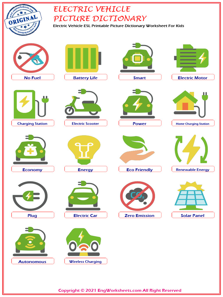 Electric Vehicle Esl Printable Picture Dictionary Worksheet For Kids ...