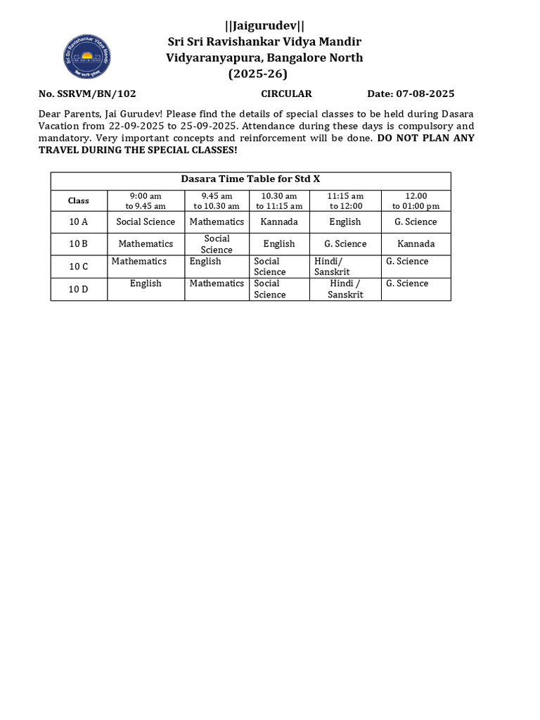 10th Special Class Time Table 25-26 | PDF