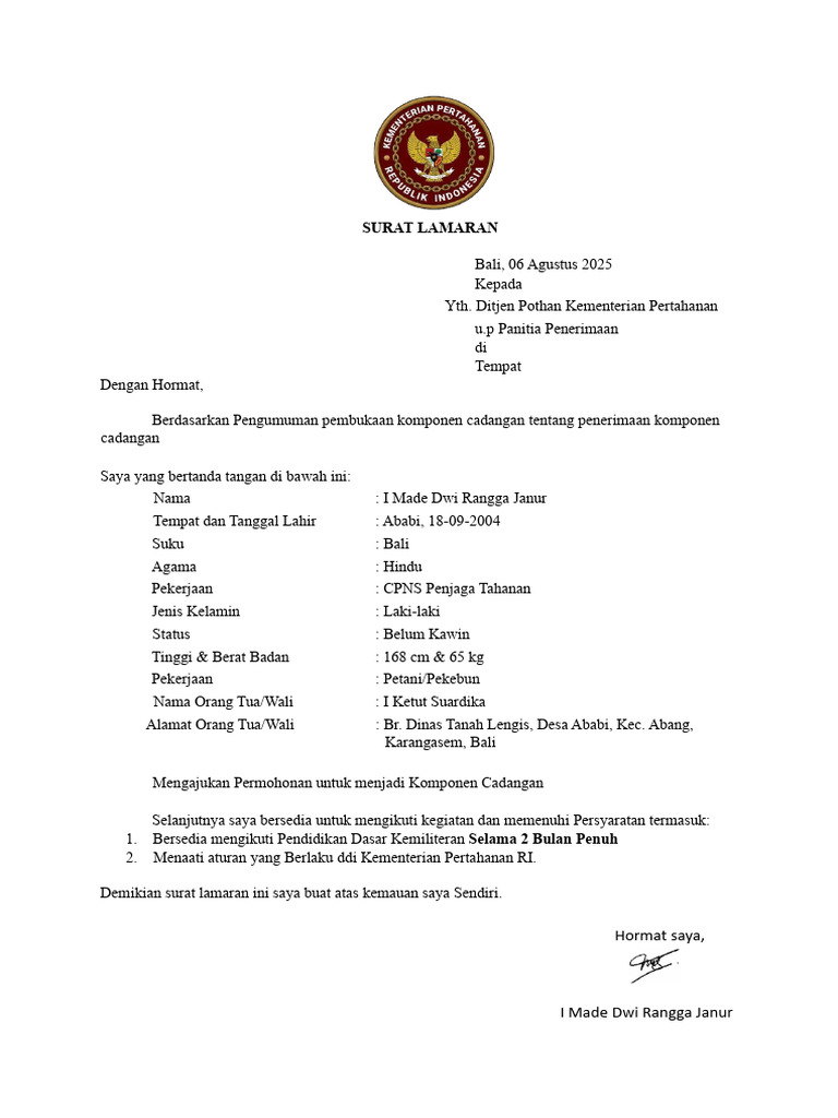 Surat Lamaran Dek Wi | PDF