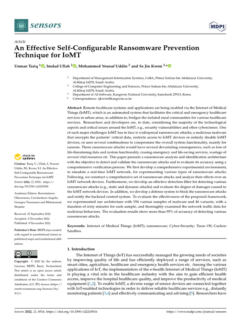 Ransomware Prevention for IoMT Systems | PDF | Internet Of Things ...