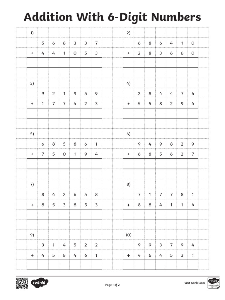 T He 438 Addition With 6 Digit Numbers Worksheet Ver 1 | PDF