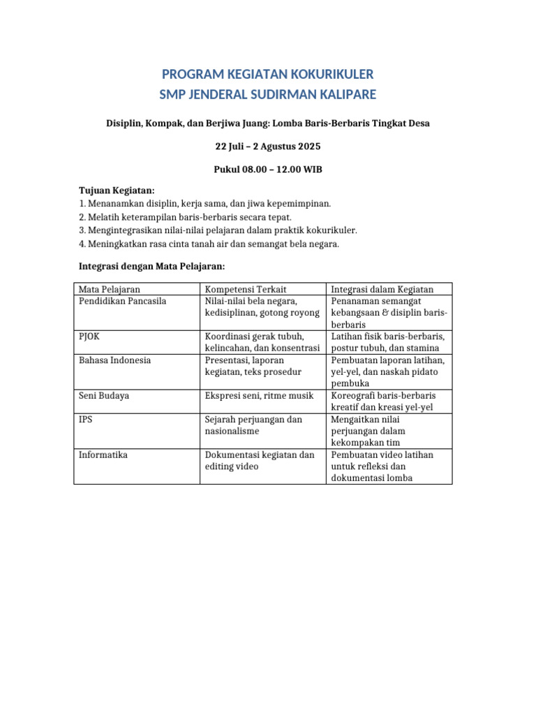 Program Kegiatan Kokurikuler Baris Berbaris SMP | PDF