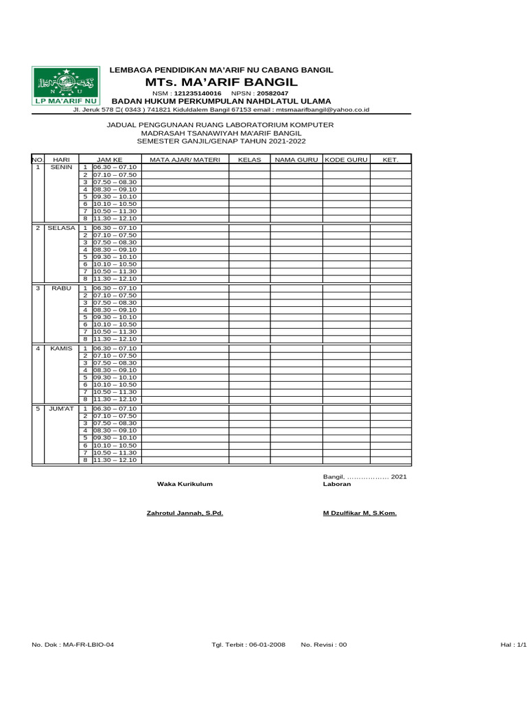 Jadwal Laboratorium MTs Ma'arif 2021-2022 | PDF