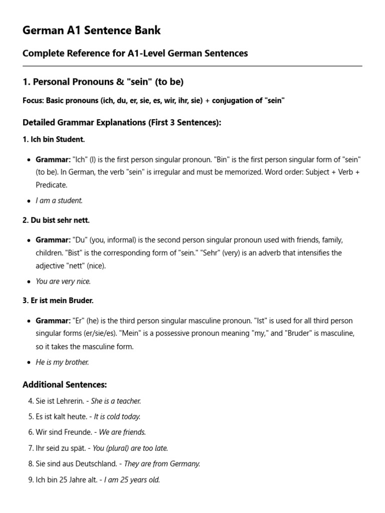 German A1 Sentence Bank - Complete Reference | PDF