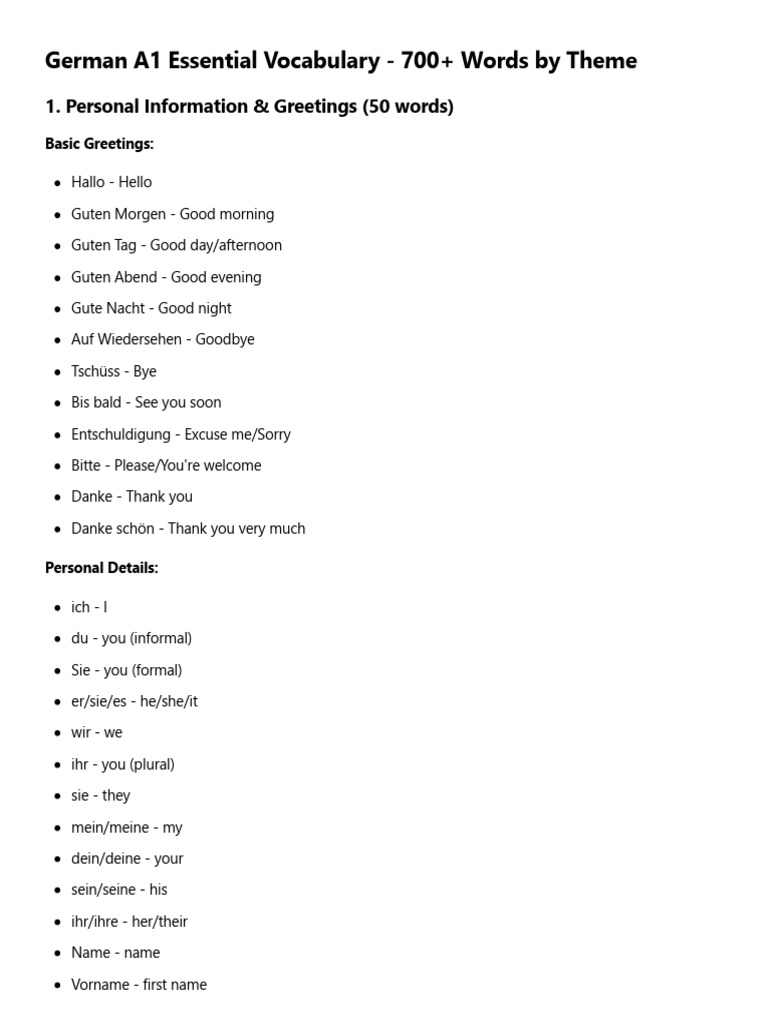 German A1 Essential Vocabulary - 700+ Words by Theme | PDF