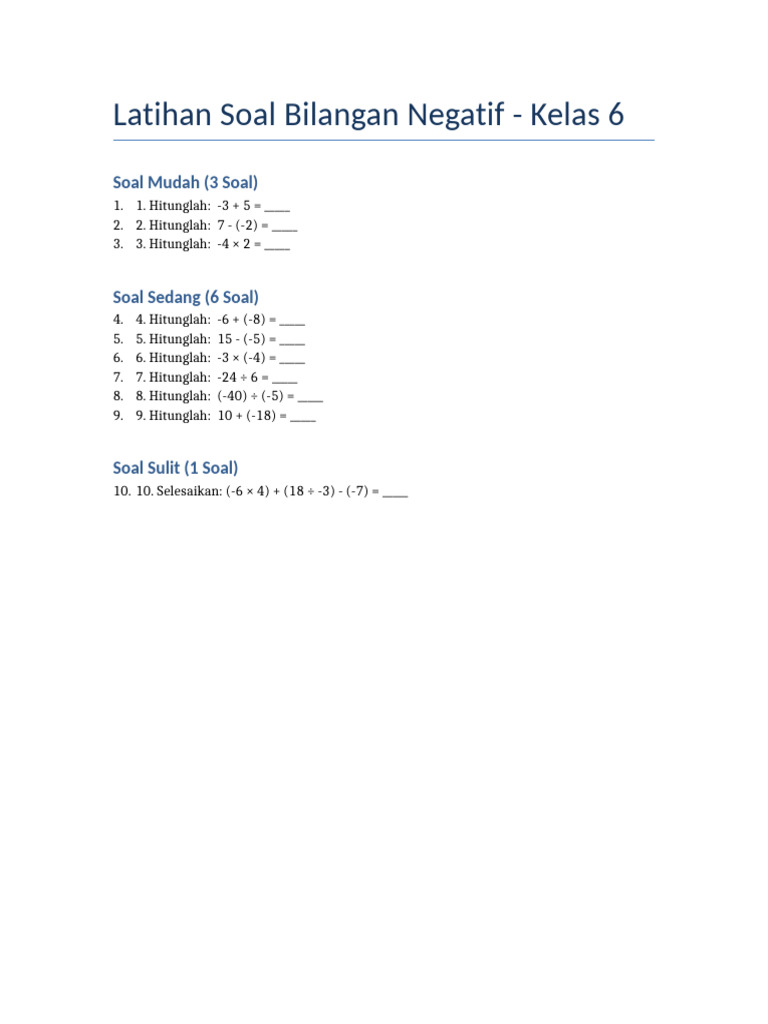 Latihan Soal Bilangan Negatif Kelas 6 | PDF