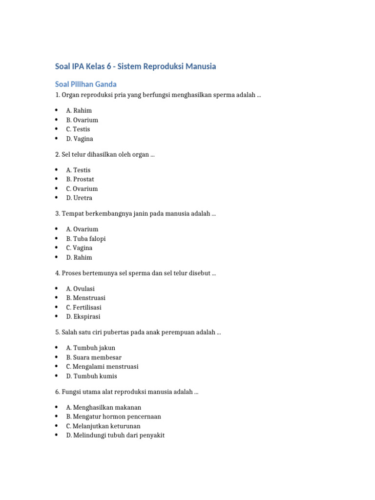 Soal IPA Kelas 6 Sistem Reproduksi Manusia | PDF
