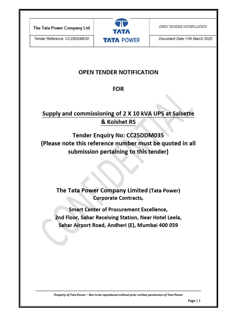 Tender CC25DDM035 - Supply and Commissioning of 2 X 10kVA UPS at Salsette and Kolshet RS | PDF ...