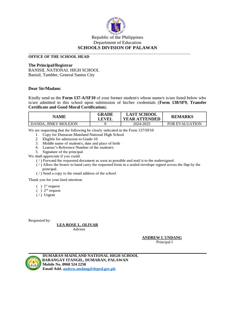 Request Form 137 SF10 Sy. 2023 2024 | PDF