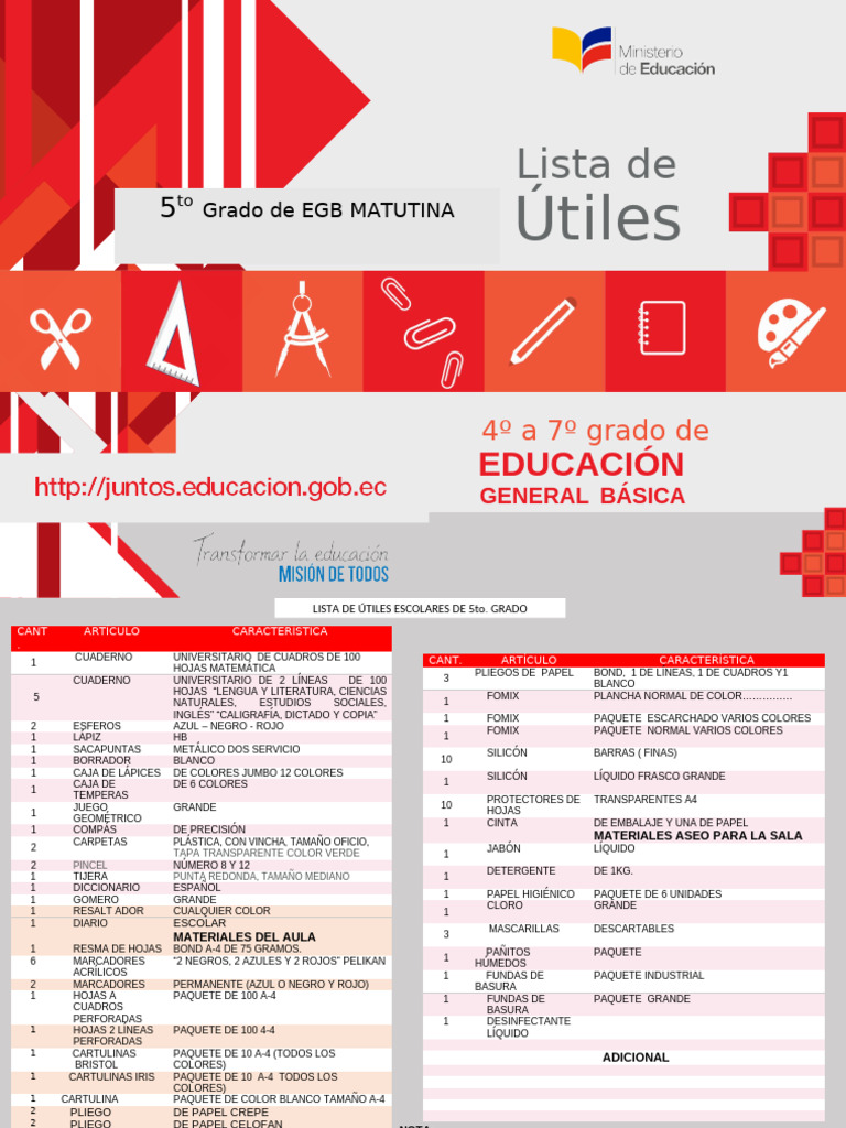 Lista de Útiles Escolares de 5to. Grado. | PDF | Implementos de ...