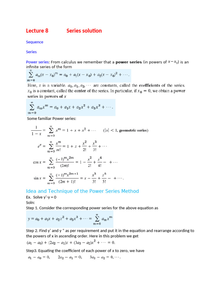 Lecture 8 Series Solution | PDF | Power Series | Mathematical Analysis