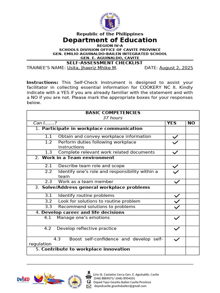 Cookery NC II Self-Assessment Checklist | PDF | Cuisine | Foods