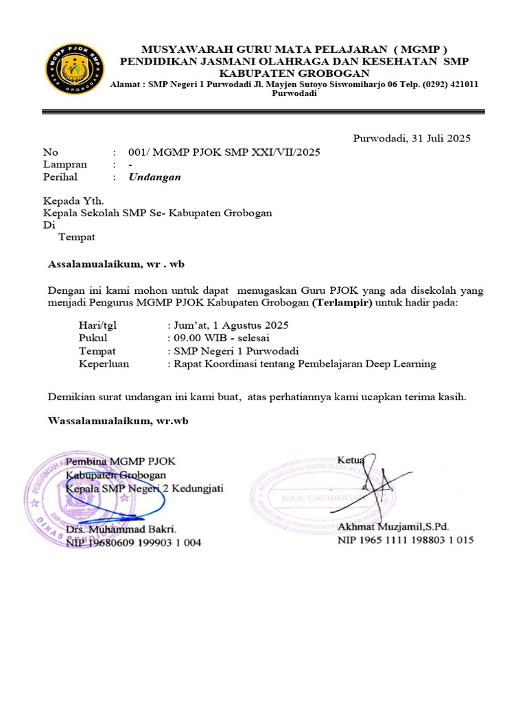 Surat Undangan MGMP PJOK | PDF