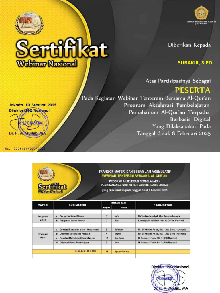 Sertifikat Webinar Tenteram Bersama Al-Qur'an SUBAKIR, S.PD | PDF