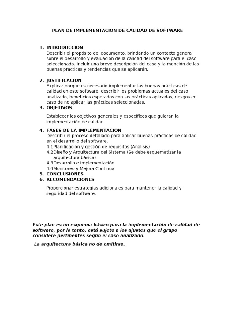 Formato Plan de Implementacion de Calidad de Software | PDF