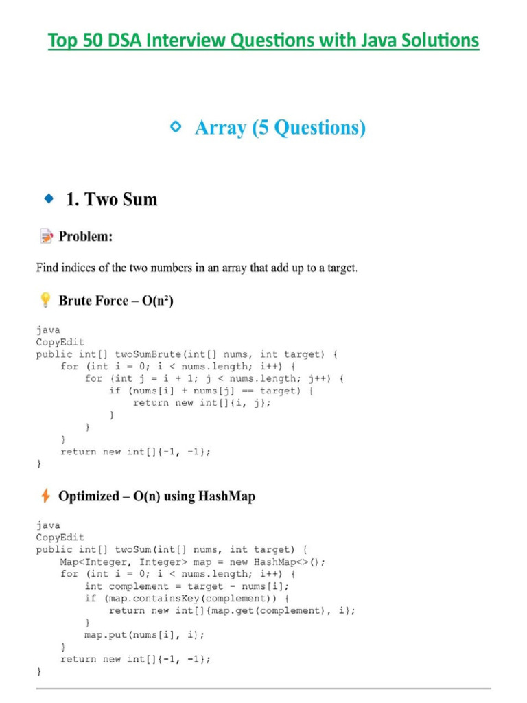 Top 50 DSA Interview Questions With Java Solutions | PDF